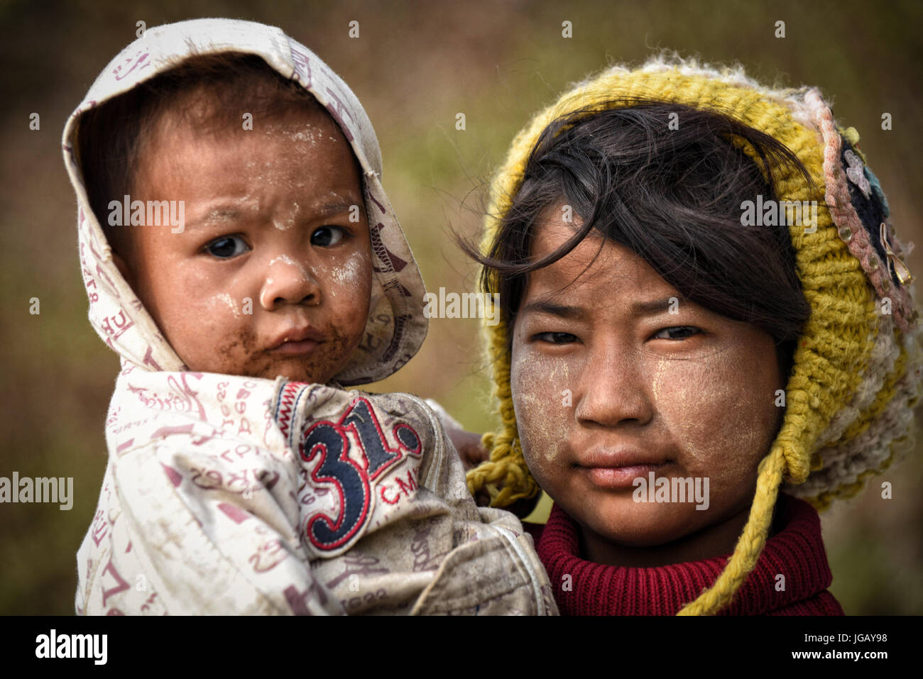 Myanmar, Chin State, two young children on the road to Hakha Stock ...