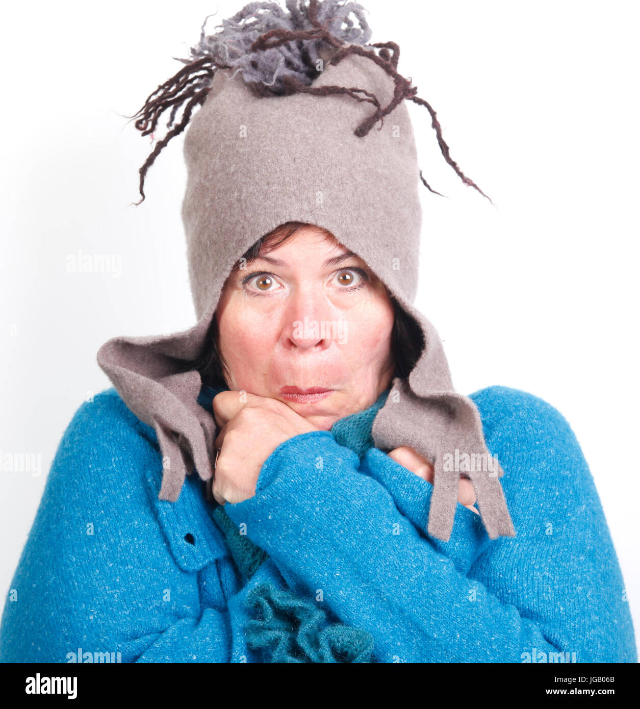 Woman with funny felt head shivering Stock Photo - Alamy