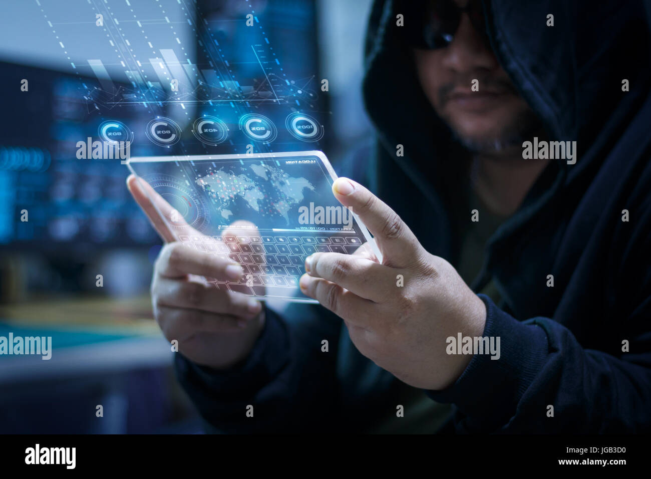 Hacker Using Clear Tablet With Hud Panel And Code Graph Bar Data Analytsis Element For Cyber