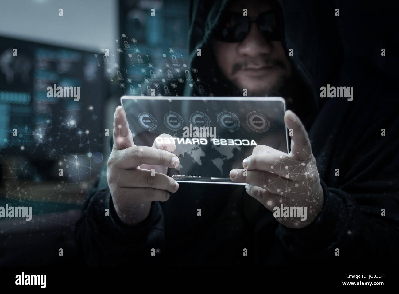 Hacker Using Clear Tablet With Hud Panel And Code Graph Bar Data Analytsis Element For Cyber