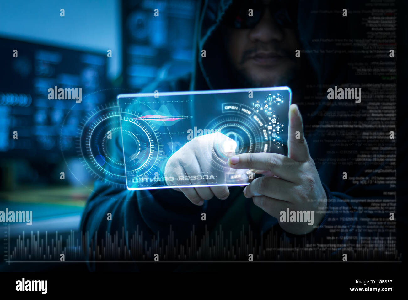 Hacker Using Clear Tablet With Hud Panel And Code Graph Bar Data Analytsis Element For Cyber