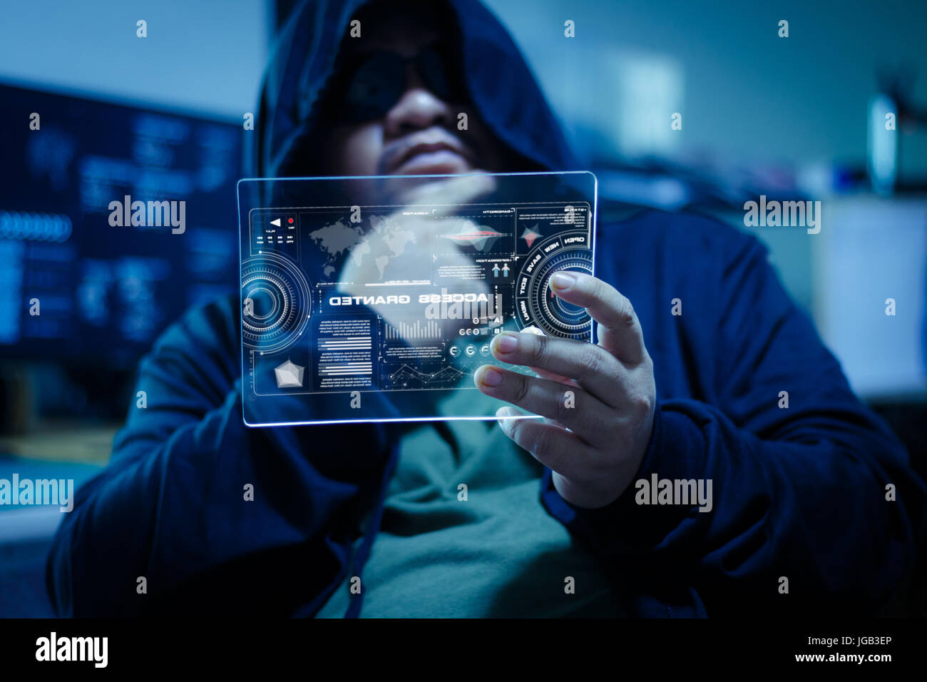 Hacker Using Clear Tablet With Hud Panel And Code Graph Bar Data Analytsis Element For Cyber
