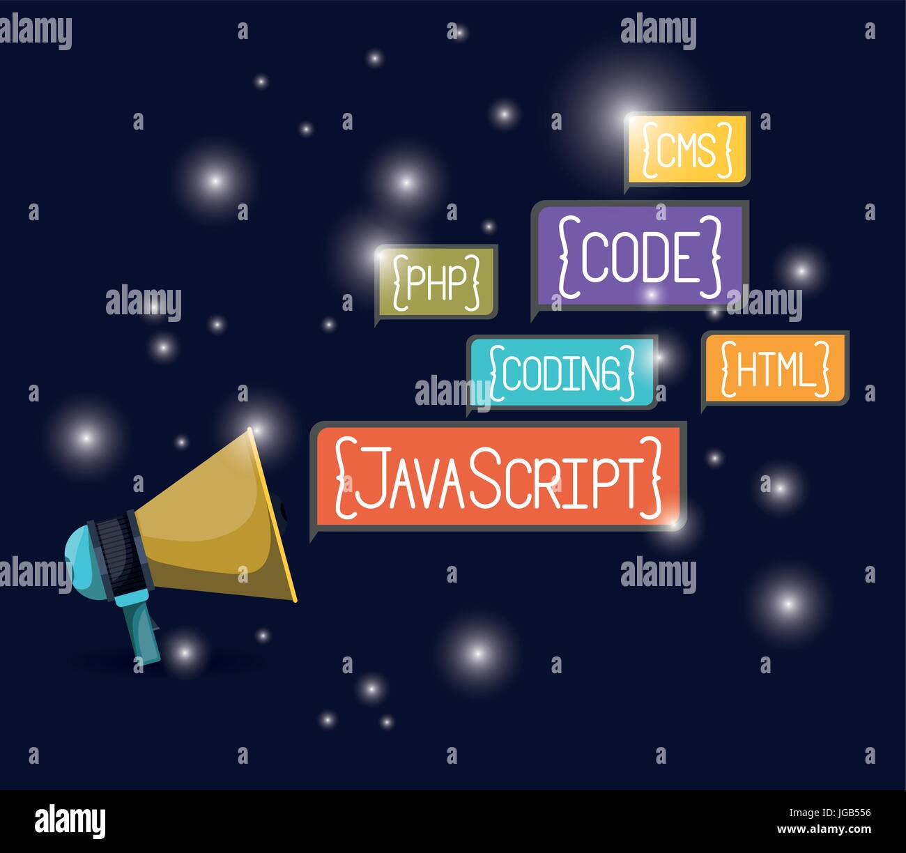 blue dark background with brightness of megaphone with web programming language codes in ...