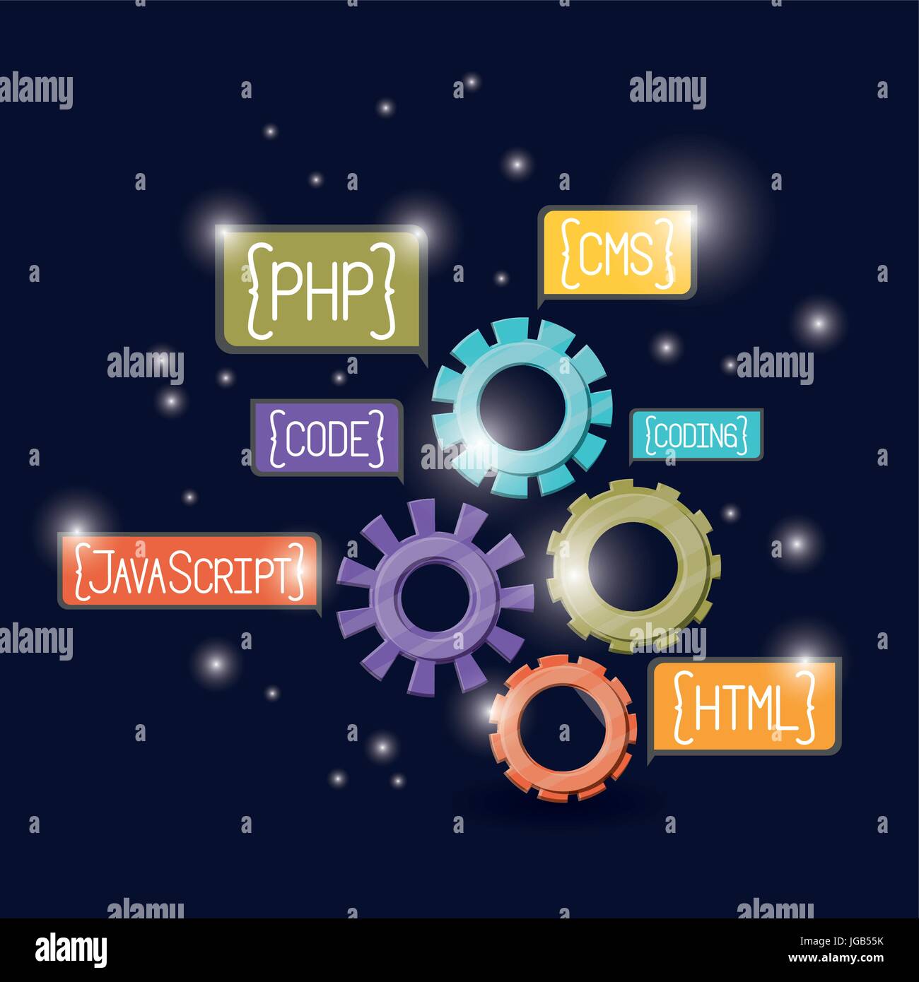 Blue Dark Background With Brightness Of Gears With Web Programming Language Codes In Rectangular 