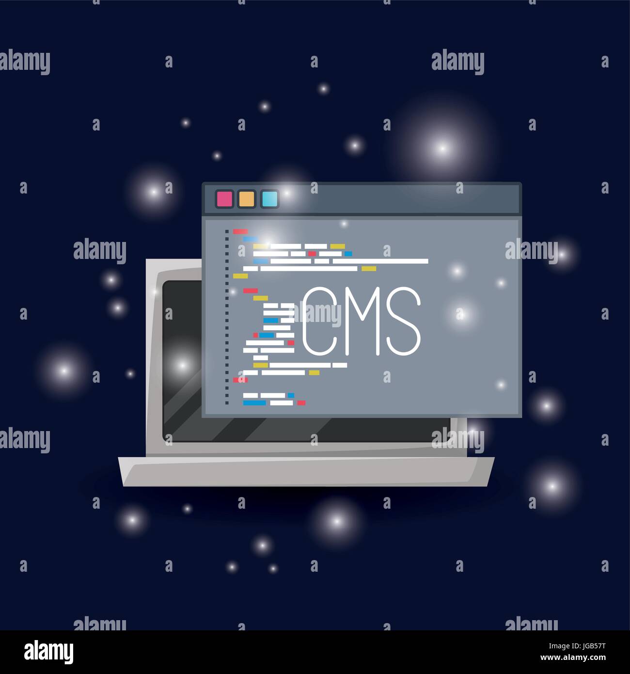 blue dark background with brightness of laptop and program window cms programming language Stock ...