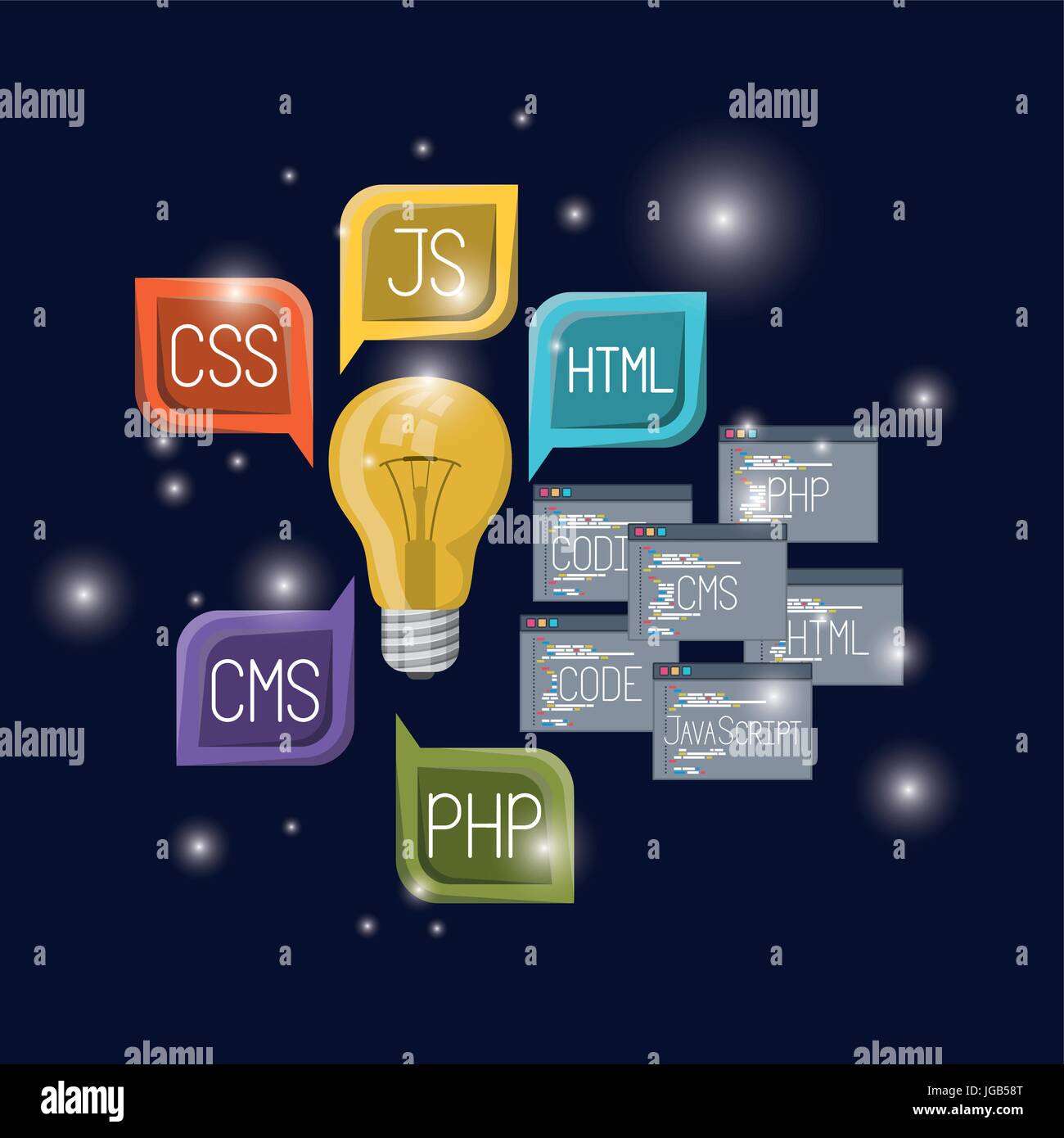 blue dark background with brightness of light bulb and set windows with web programming language ...