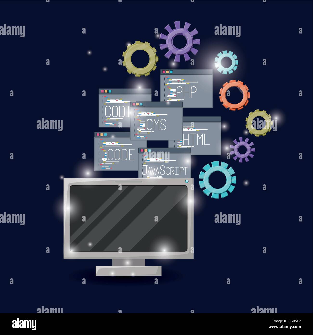 blue dark background with brightness of display computer and gears mechanism with set program ...