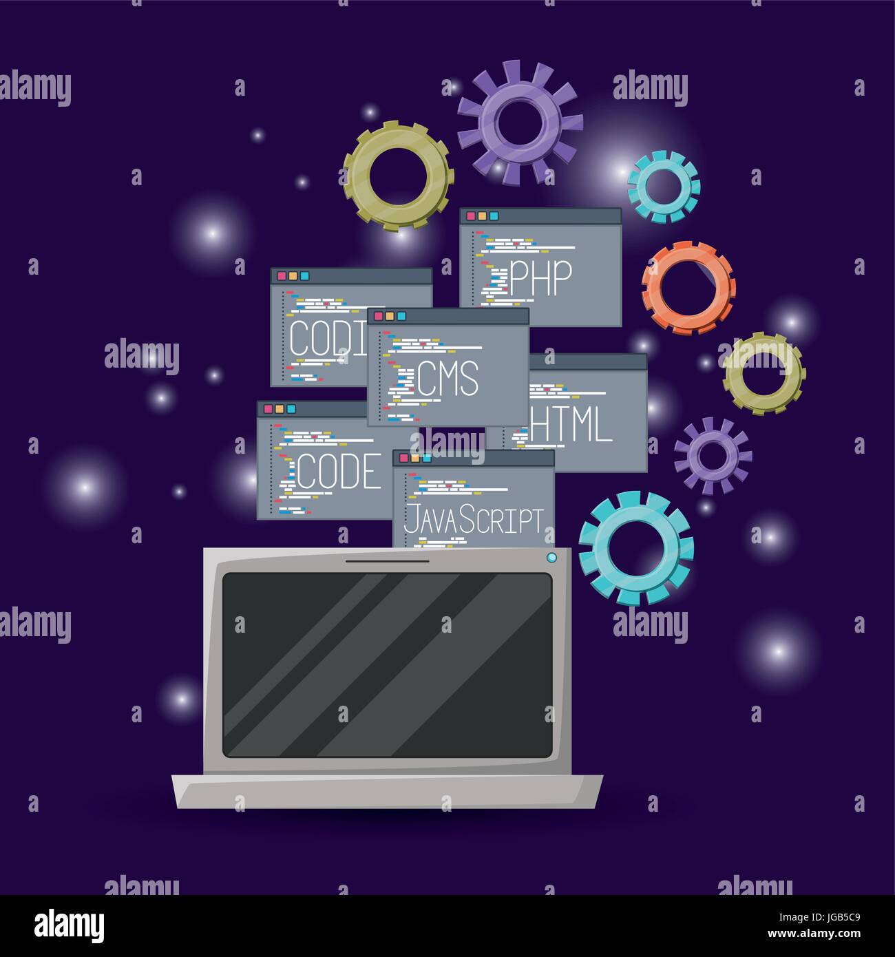 violet background with brightness of laptop device and gears mechanism ...