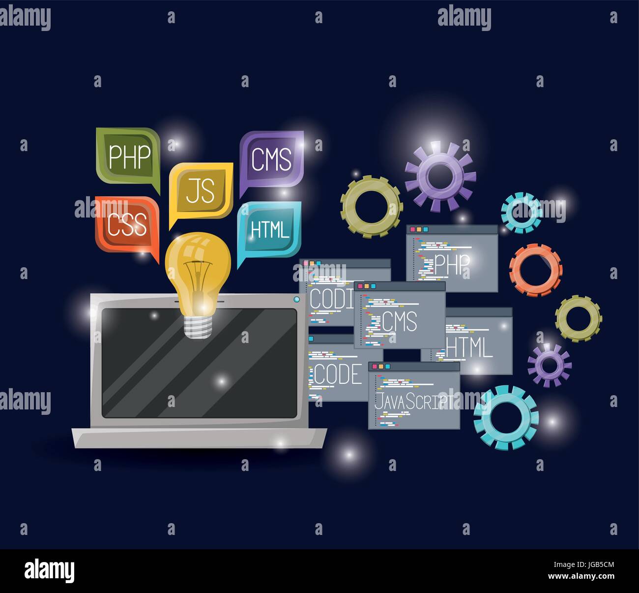 blue dark background with brightness of laptop device and gears mechanism with set program ...