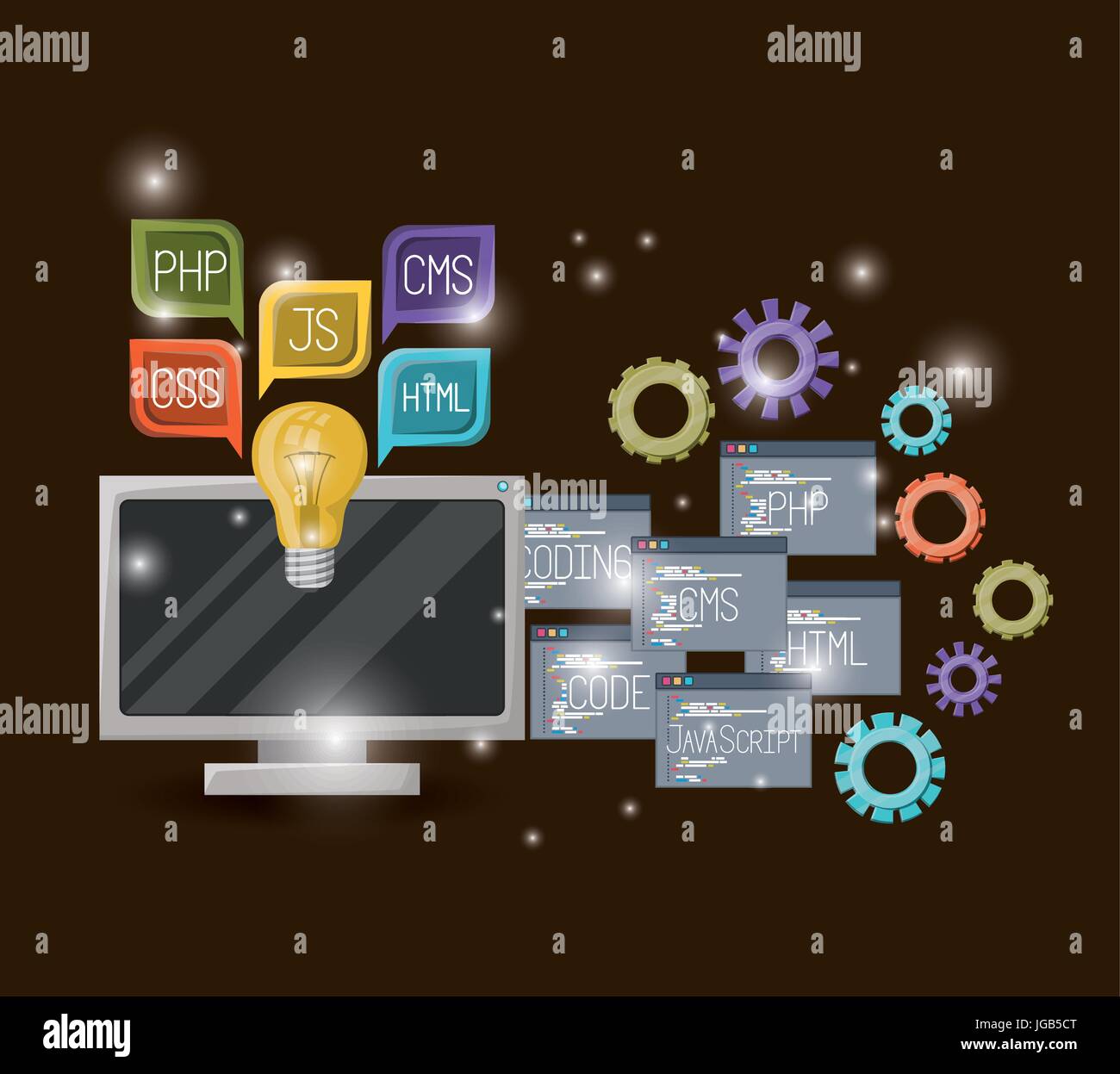 red wine color background with brightness of display computer and gears mechanism with set ...