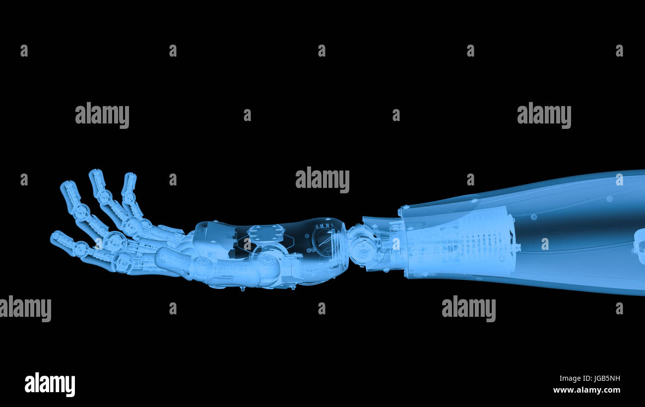 3d rendering x ray robotic hand with hand palm open isolated on black ...