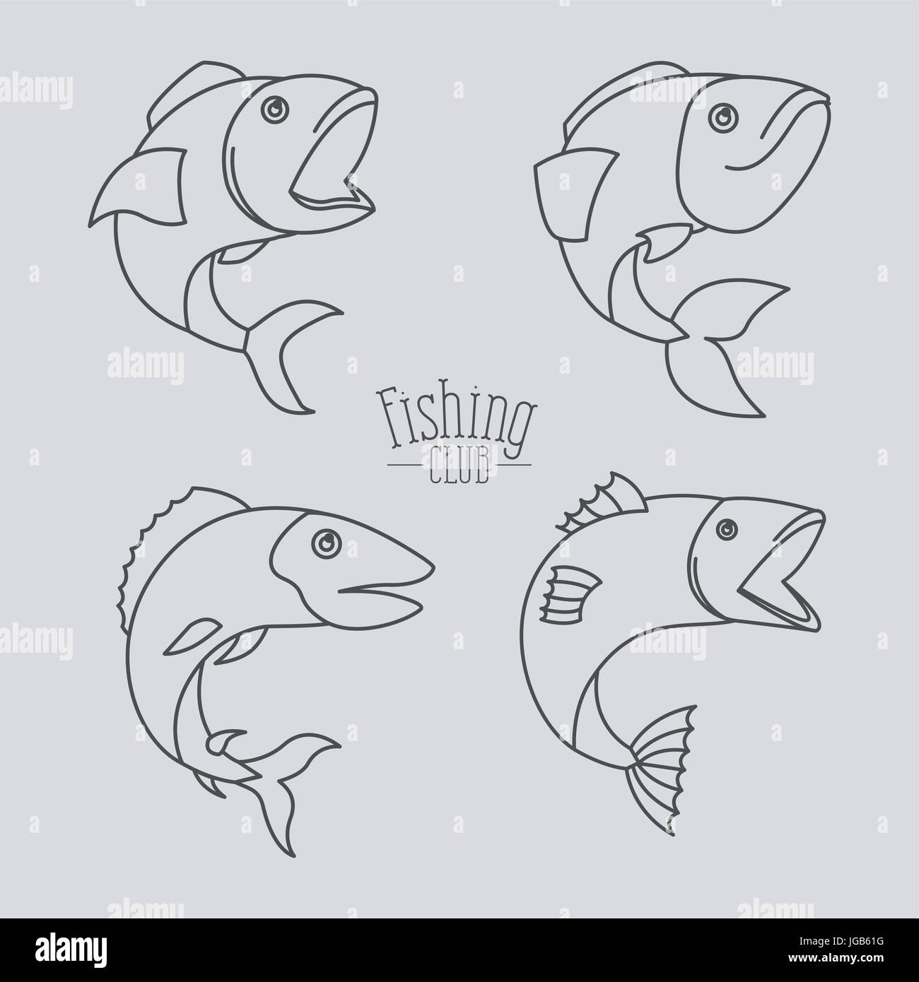 sketch silhouette types fish and logo text fishing club in center Stock ...