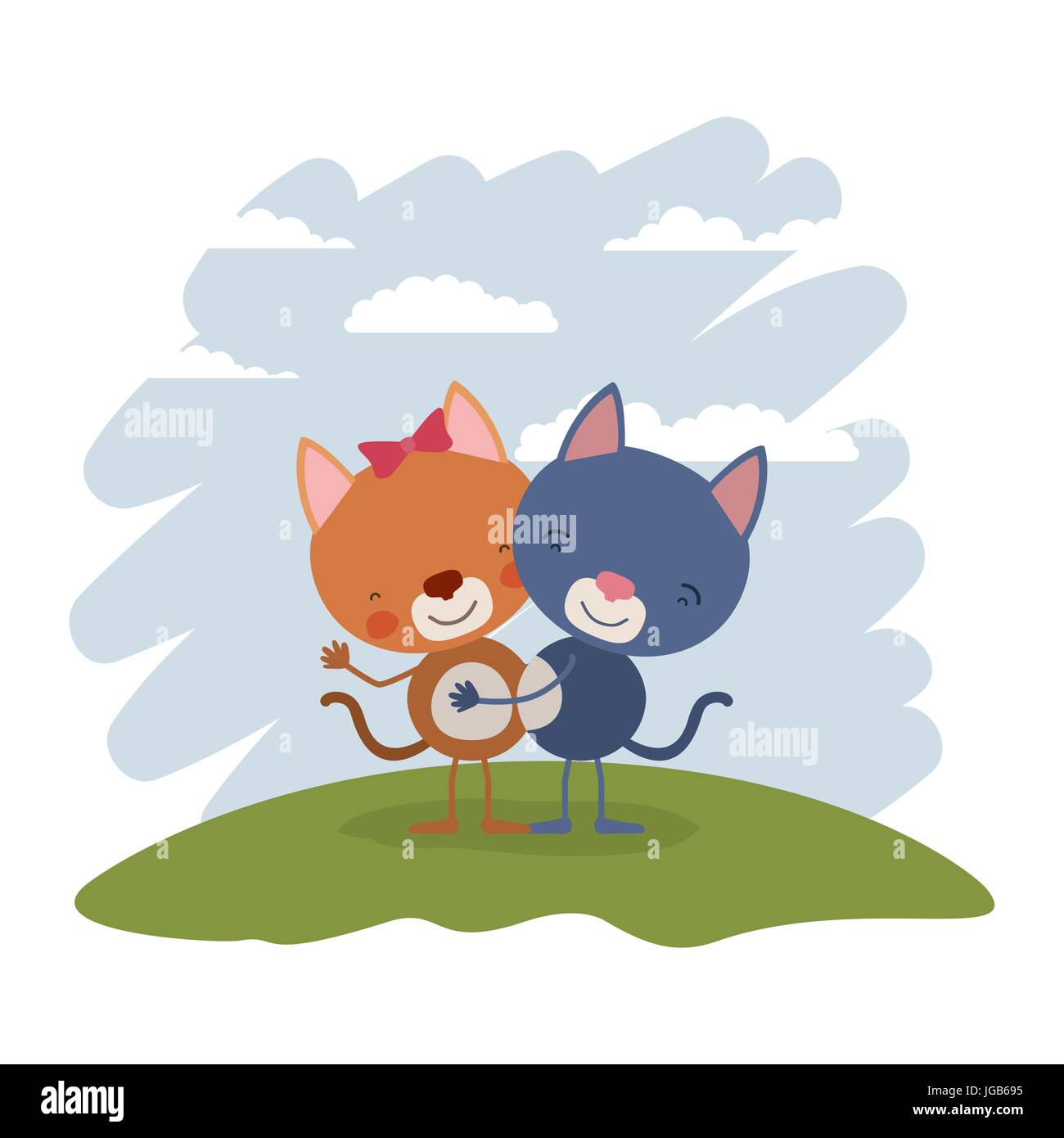 color scene sky landscape and grass with couple of cats embraced Stock ...