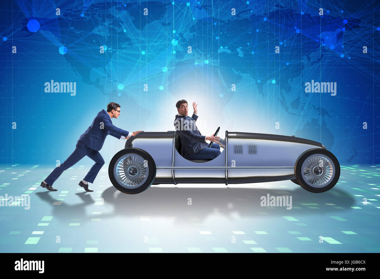 Businessman car pushing in teamwork concept Stock Photo - Alamy