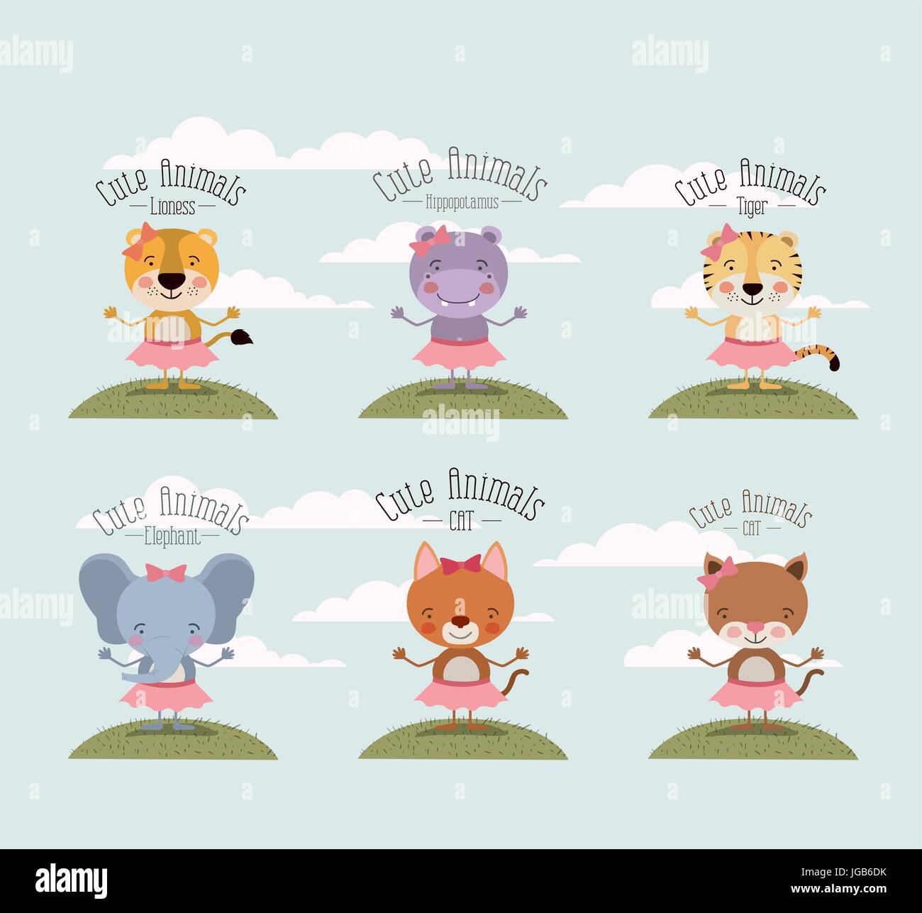 color scene set sky landscape and grass with female cute animals Stock ...