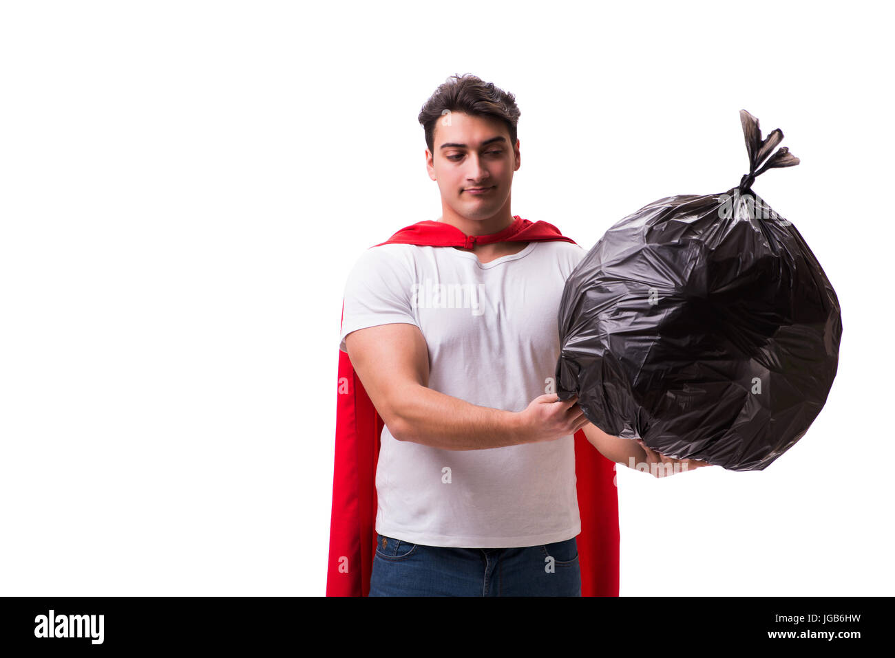 Superhero man with garbage sack isolated on white Stock Photo - Alamy
