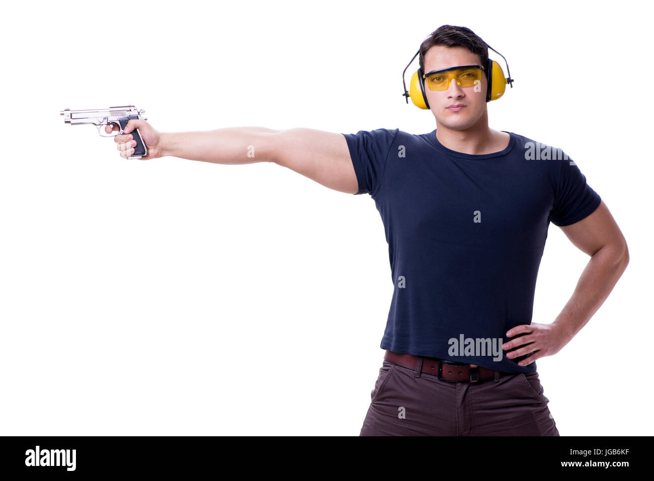 Man doing sport shooting from gun isolated on white Stock Photo - Alamy