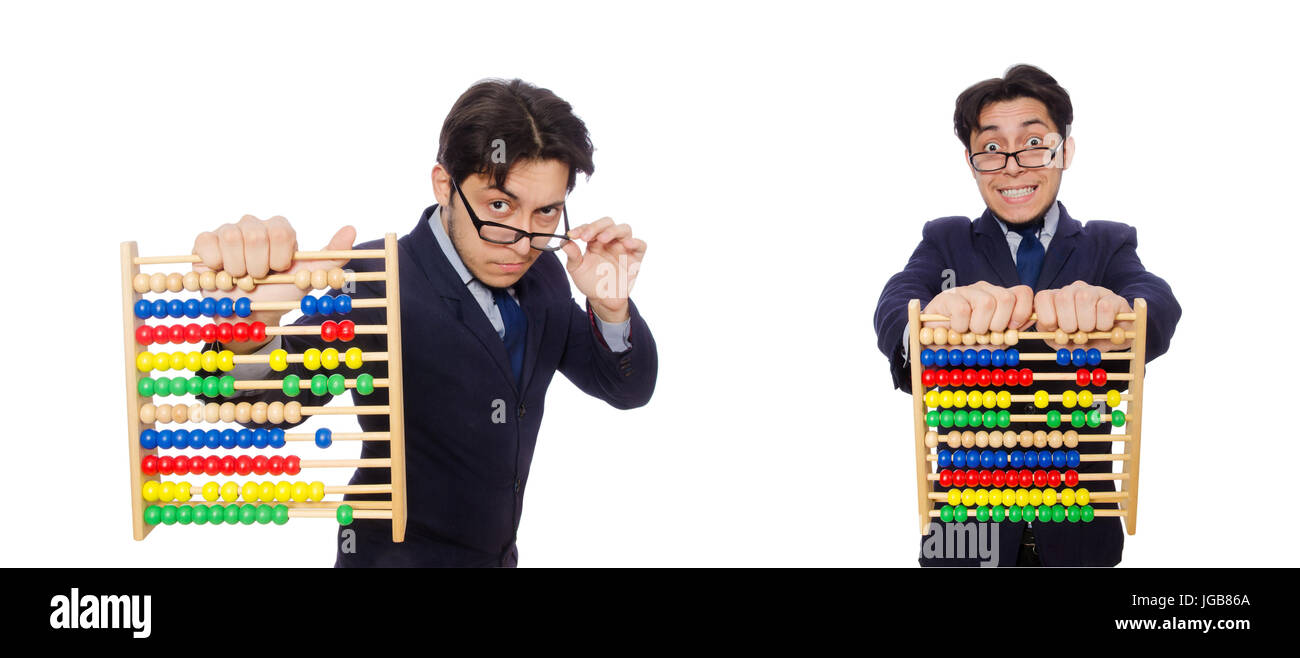 Angry accountant with abacus isolated on white Stock Photo - Alamy