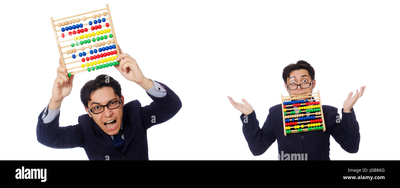 Angry accountant with abacus isolated on white Stock Photo - Alamy