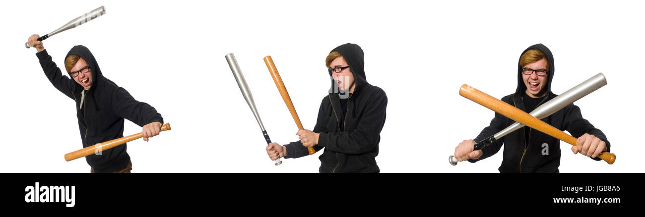 Aggressive man with baseball bat isolated on white Stock Photo - Alamy