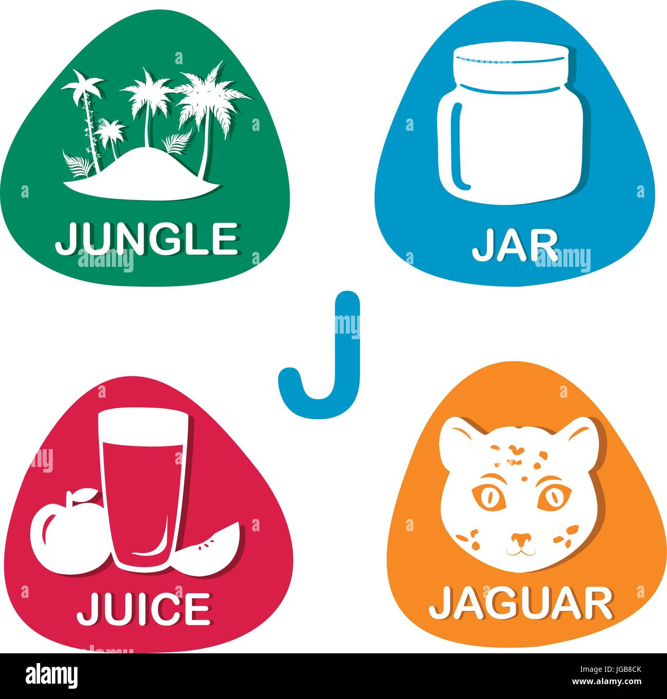 Cute alphabet in vector. J letter for jungle, jar, juice and jaguar ...