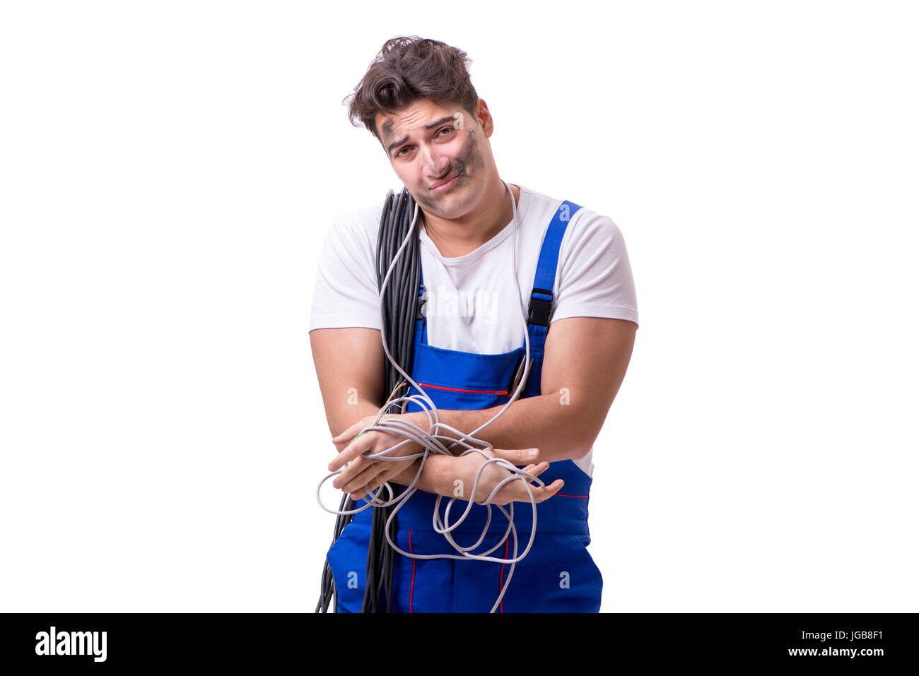 Funny man doing electrical repair Stock Photo - Alamy
