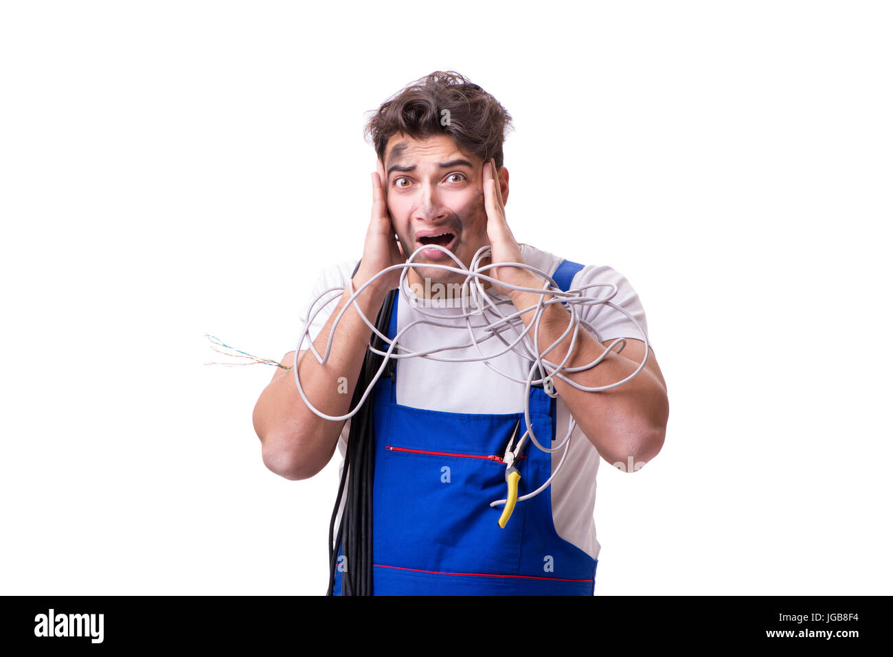 Funny man doing electrical repair Stock Photo - Alamy