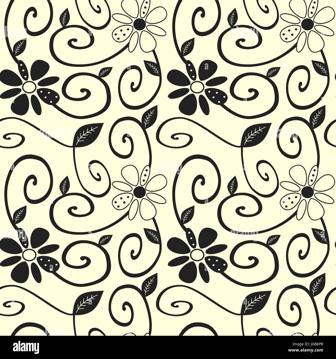 black and white flowers on swirl seamless vector pattern background ...