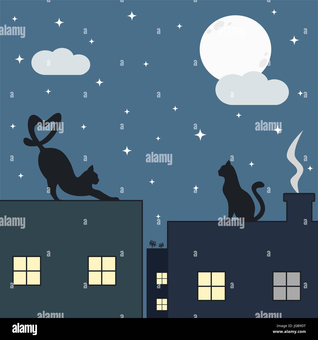 cute cats on the roof in the starry night vector illustration Stock ...