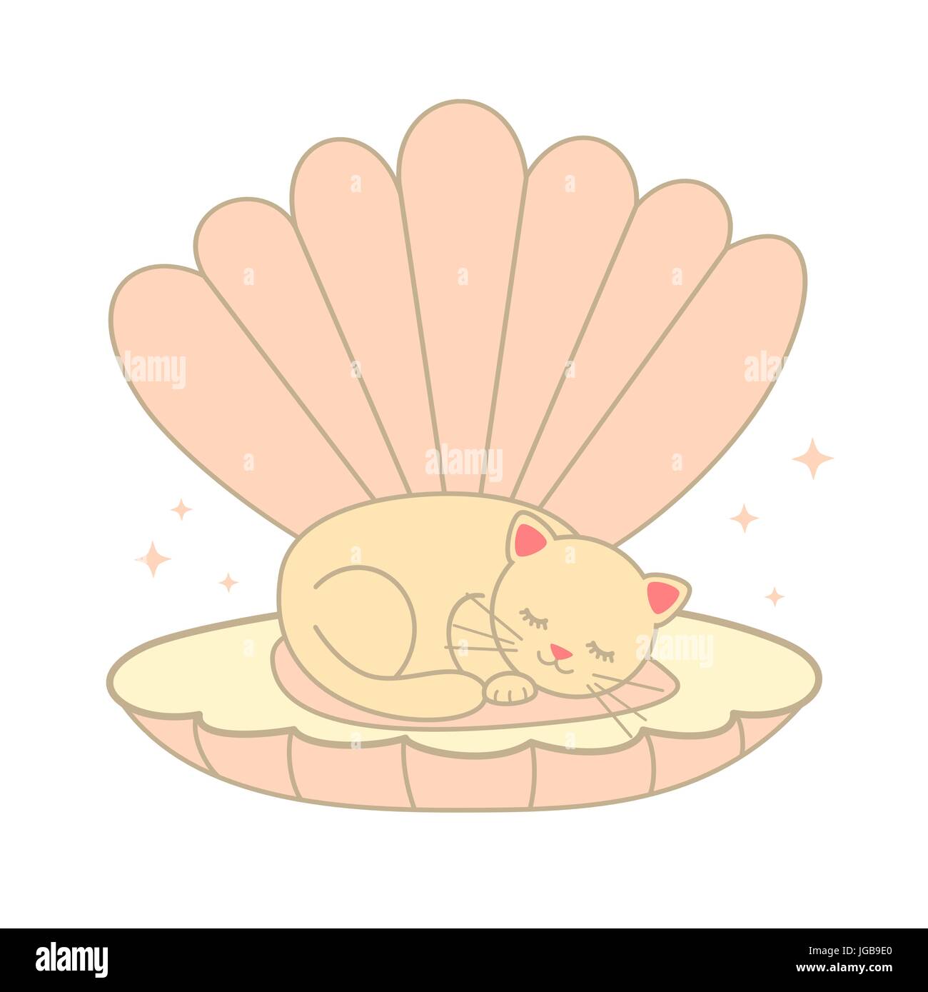 cute cartoon cat sleeping in the shell vector illustration Stock Vector ...