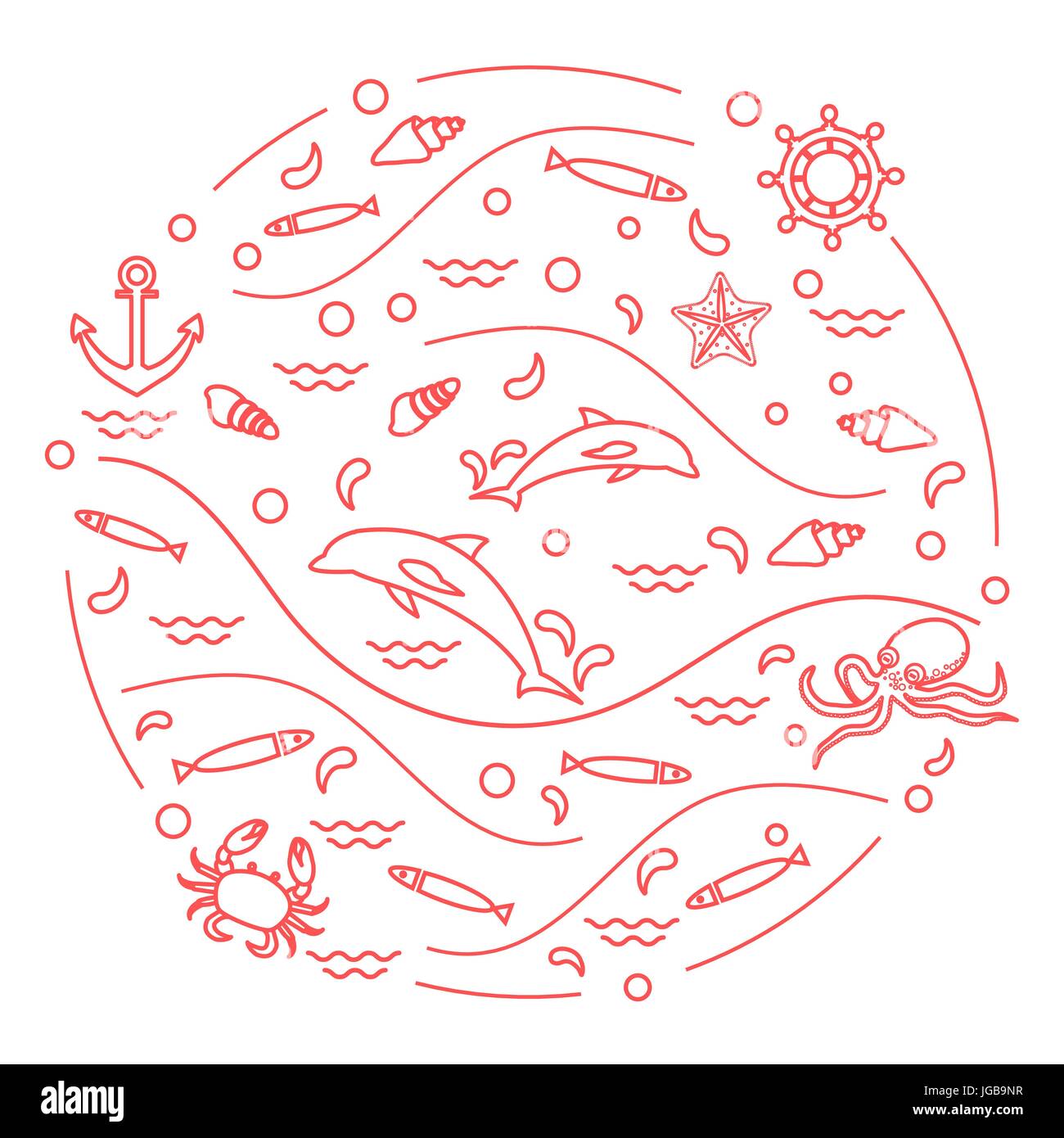 Cute vector illustration with dolphins, octopus, fish, anchor, helm ...