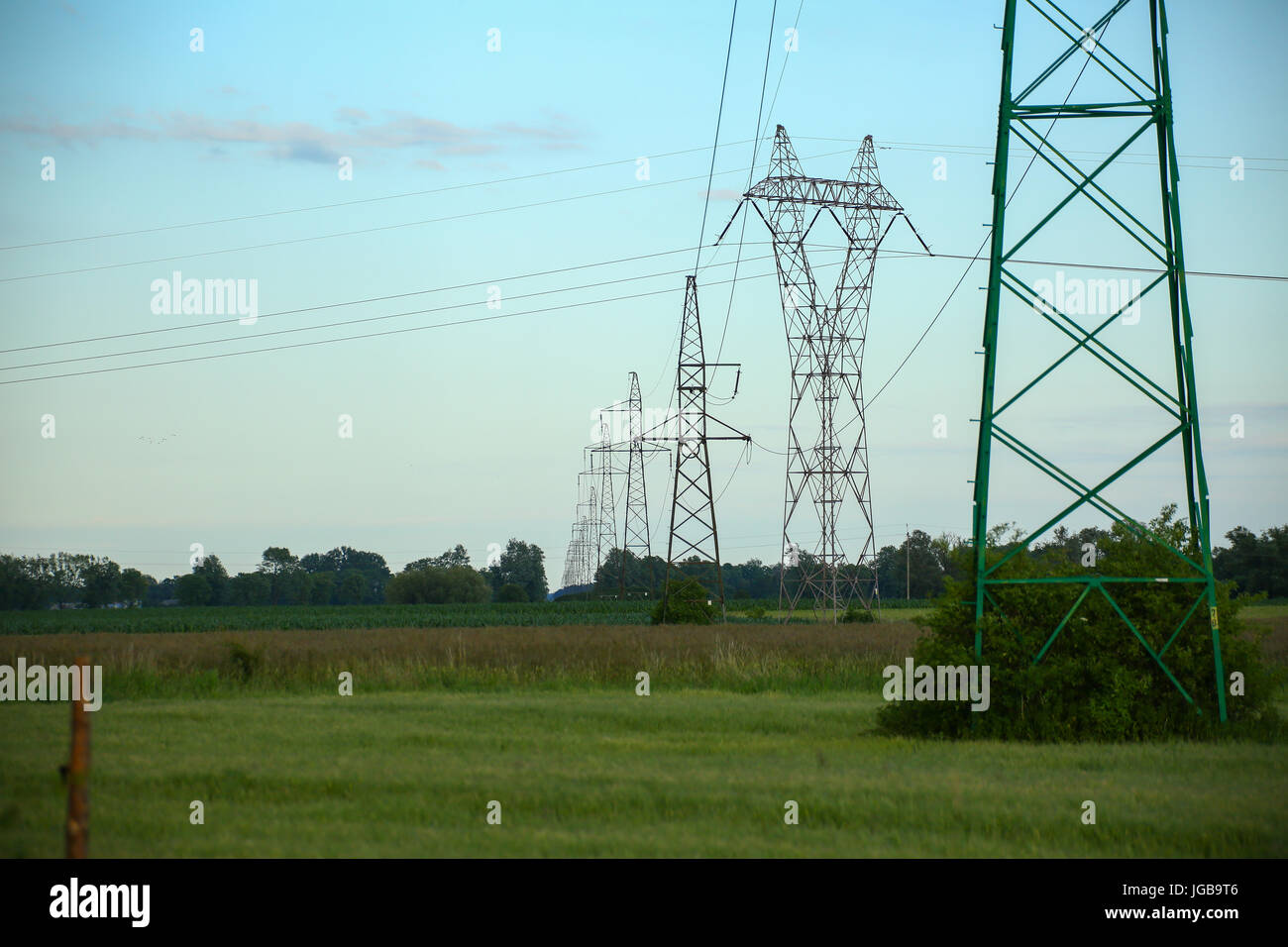Electricity power lines in rural landscape Stock Photo - Alamy