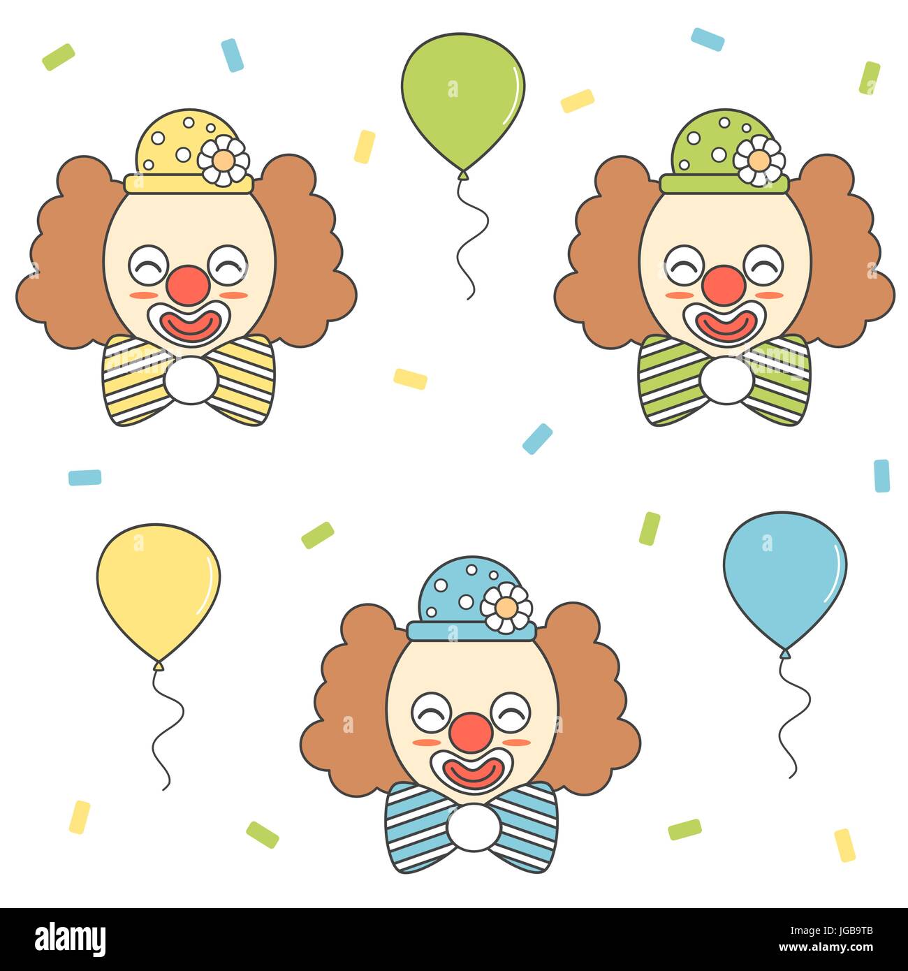 cute cartoon colorful clown vector set with balloons and confetti Stock ...