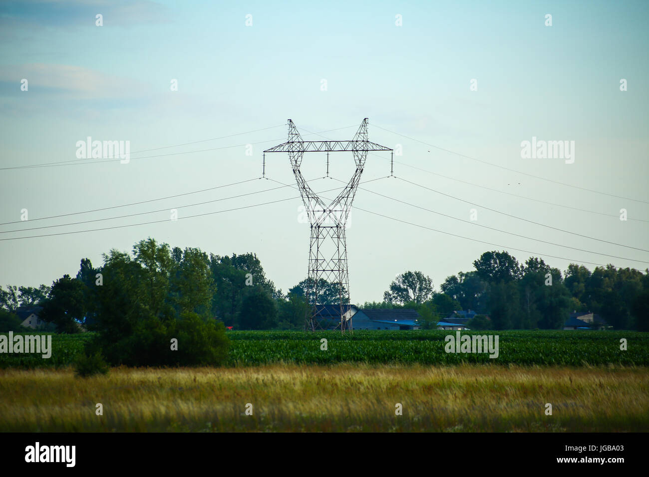Electricity power lines in rural landscape Stock Photo - Alamy