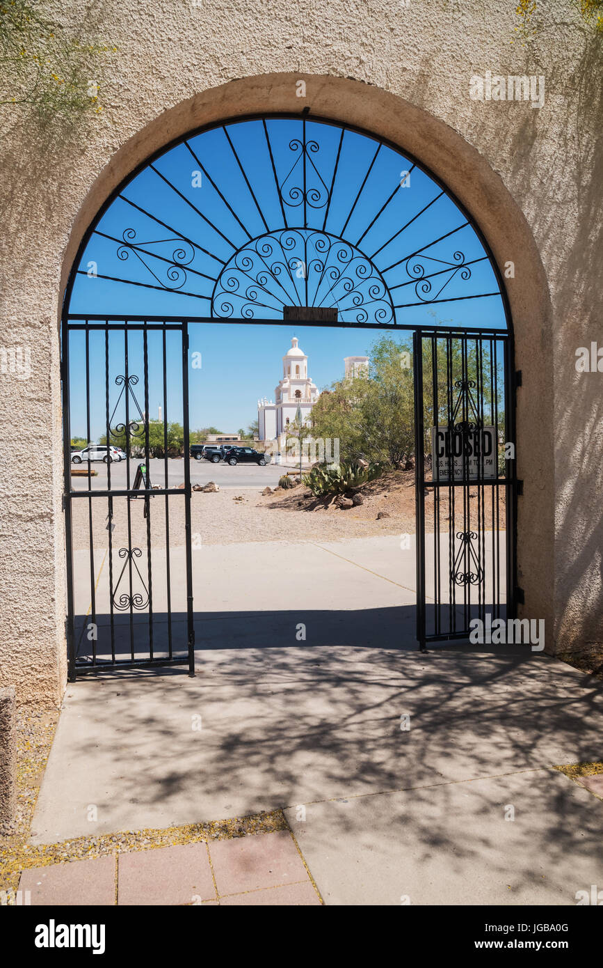 View on San Xavier Mission through the gate , Tucson , Arizona, USA ...