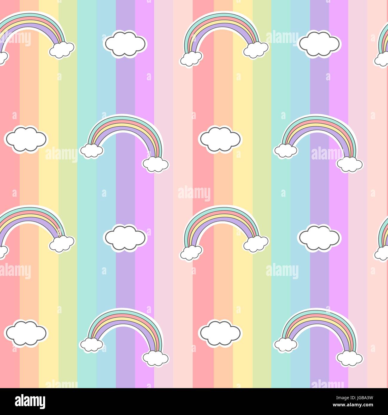 cute cartoon rainbows on colorful stripes seamless vector pattern ...