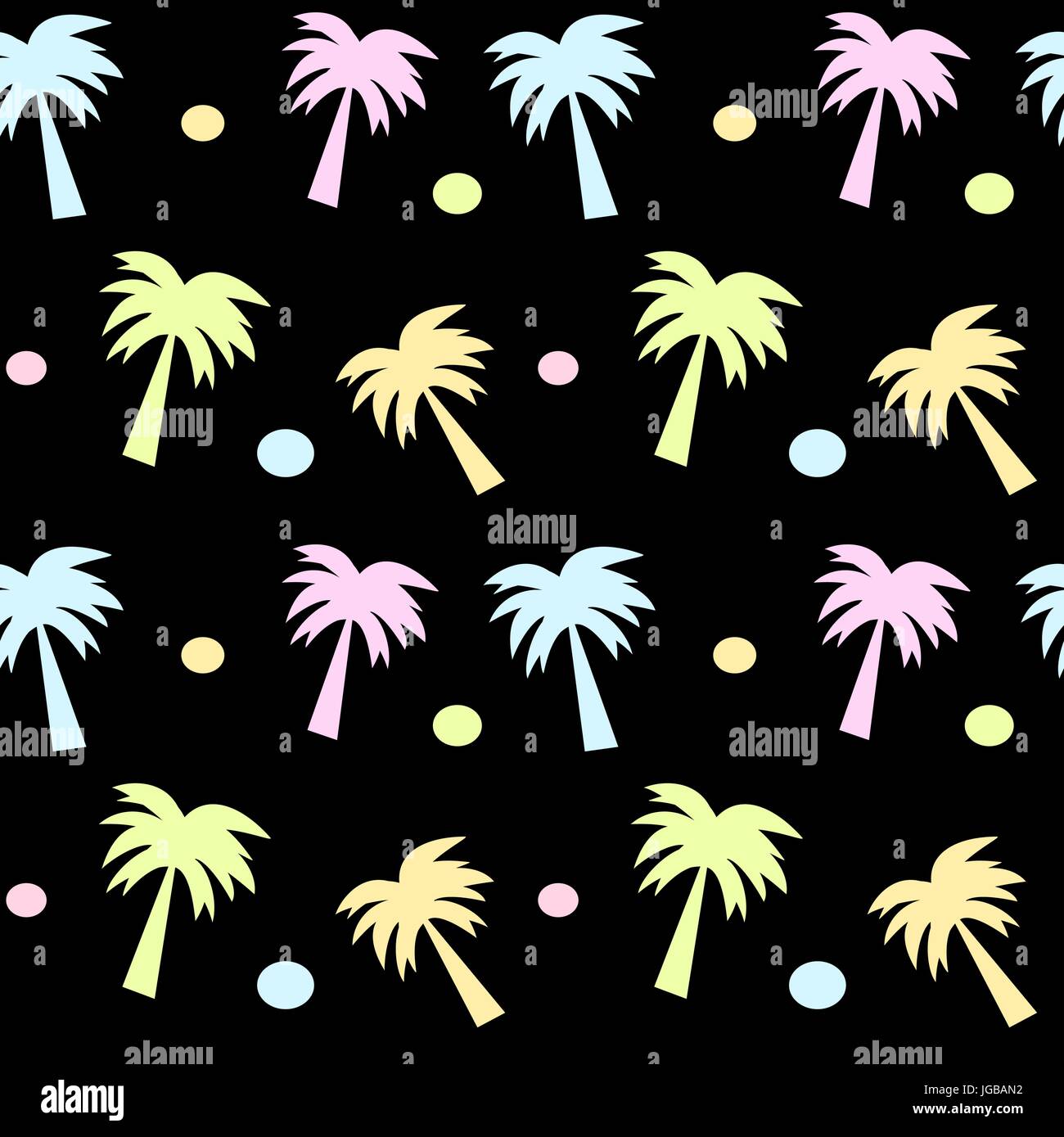 cute colorful palm tree on black background seamless vector patter ...