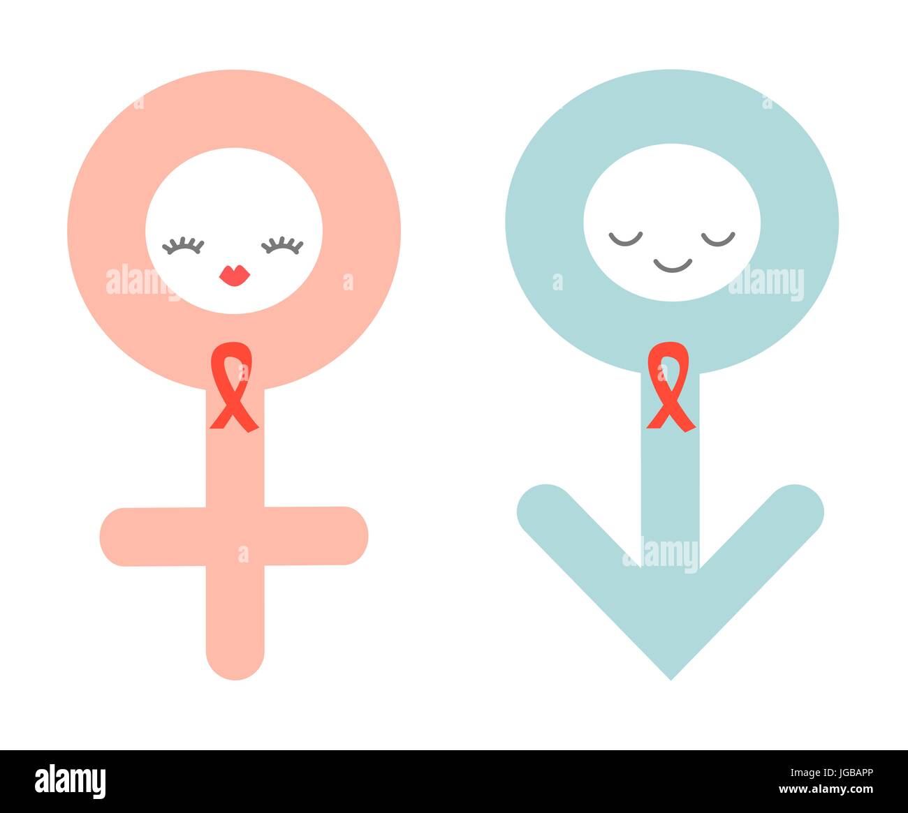 cute cartoon gender symbols with aids red ribbon concept vector ...
