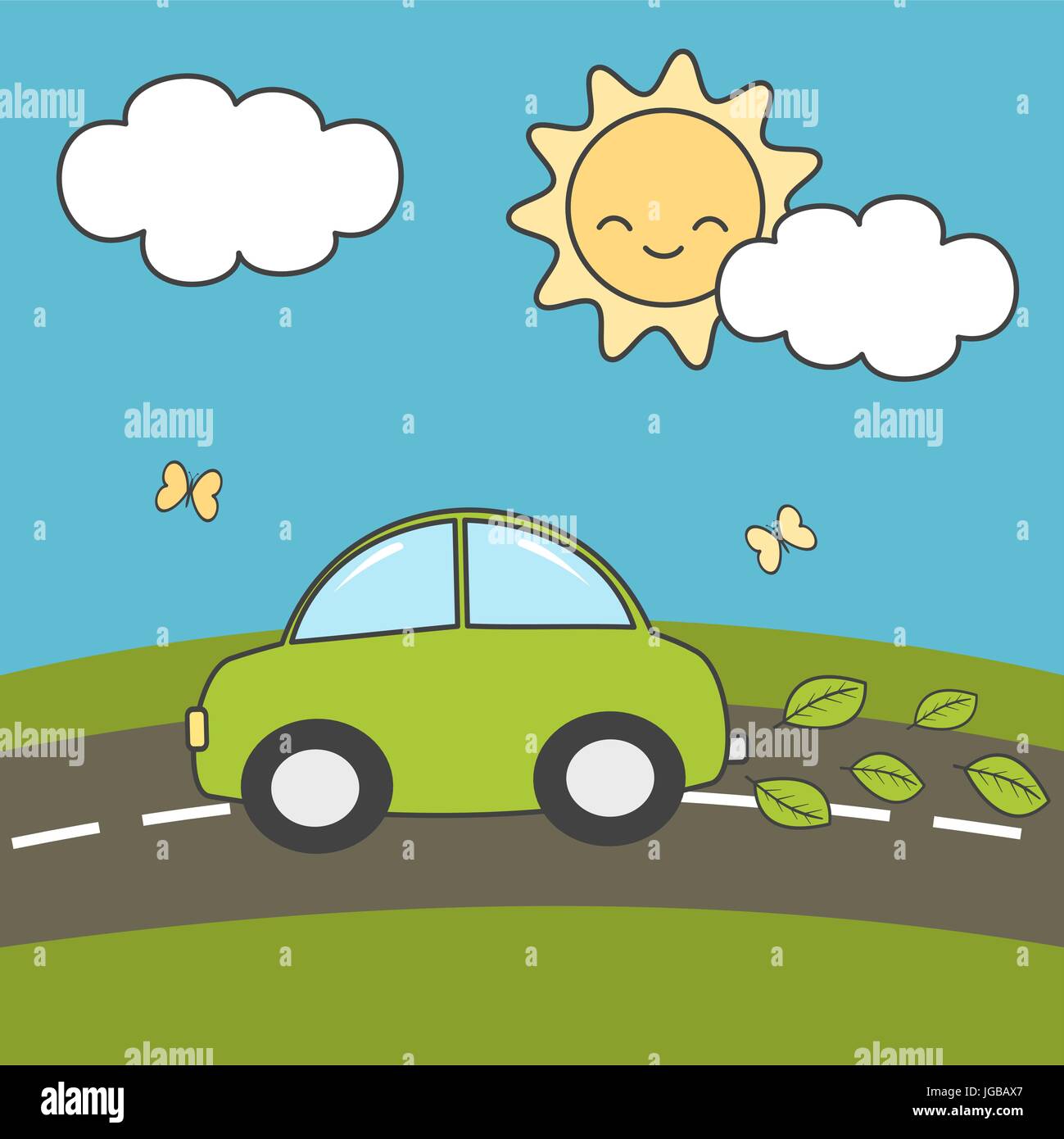cute cartoon eco green environment car on a beautiful landscape vector ...