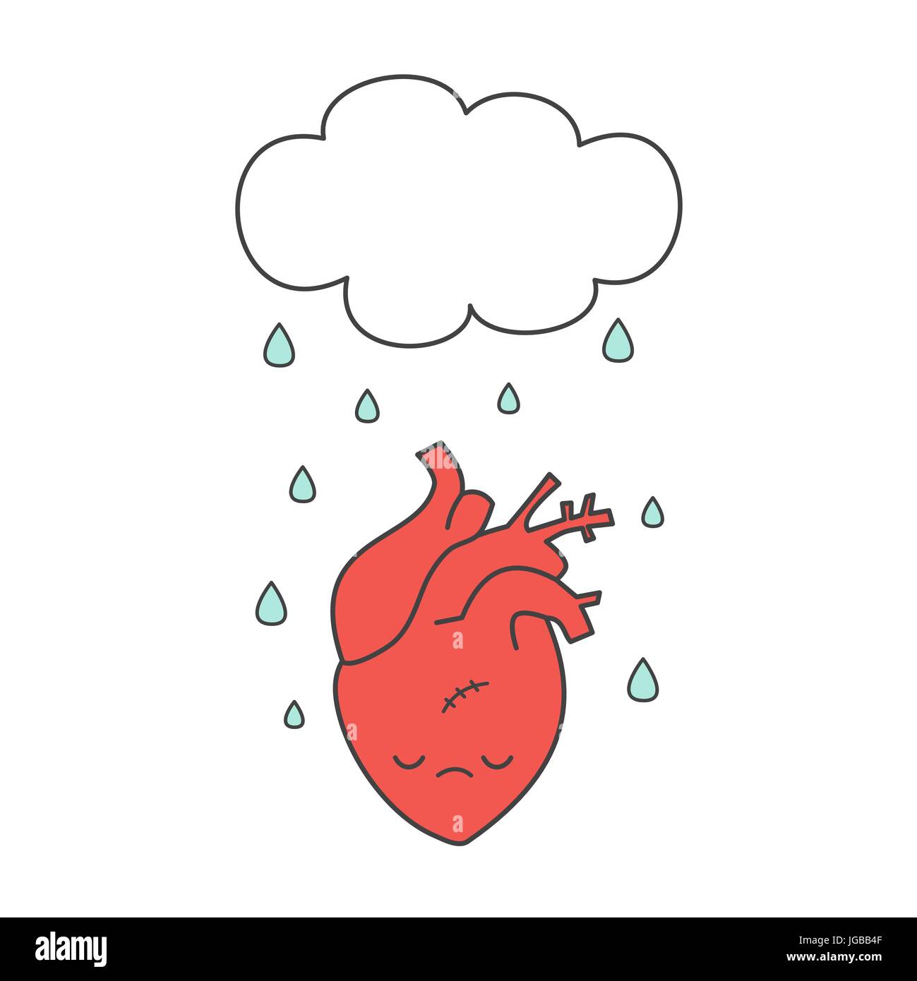 cute cartoon sad human heart and cloud with rain vector concept ...