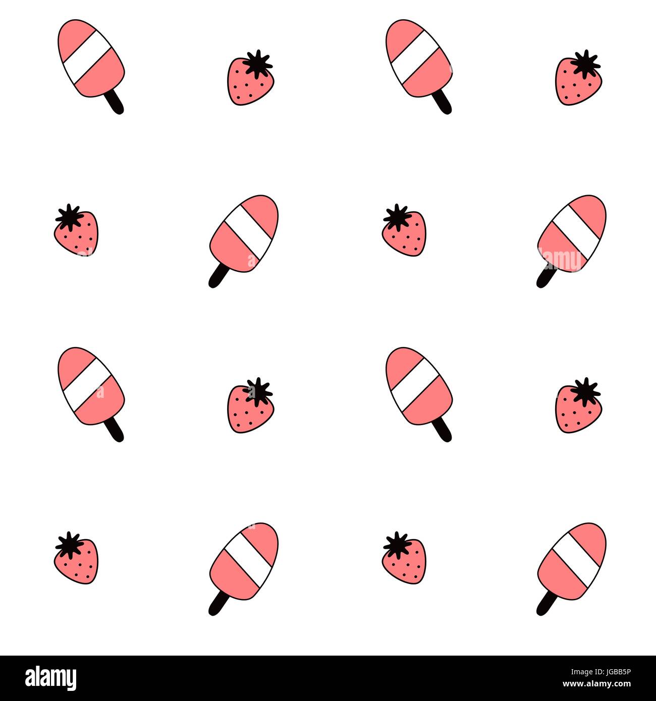 cute black white pink cartoon ice cream and strawberry seamless vector ...