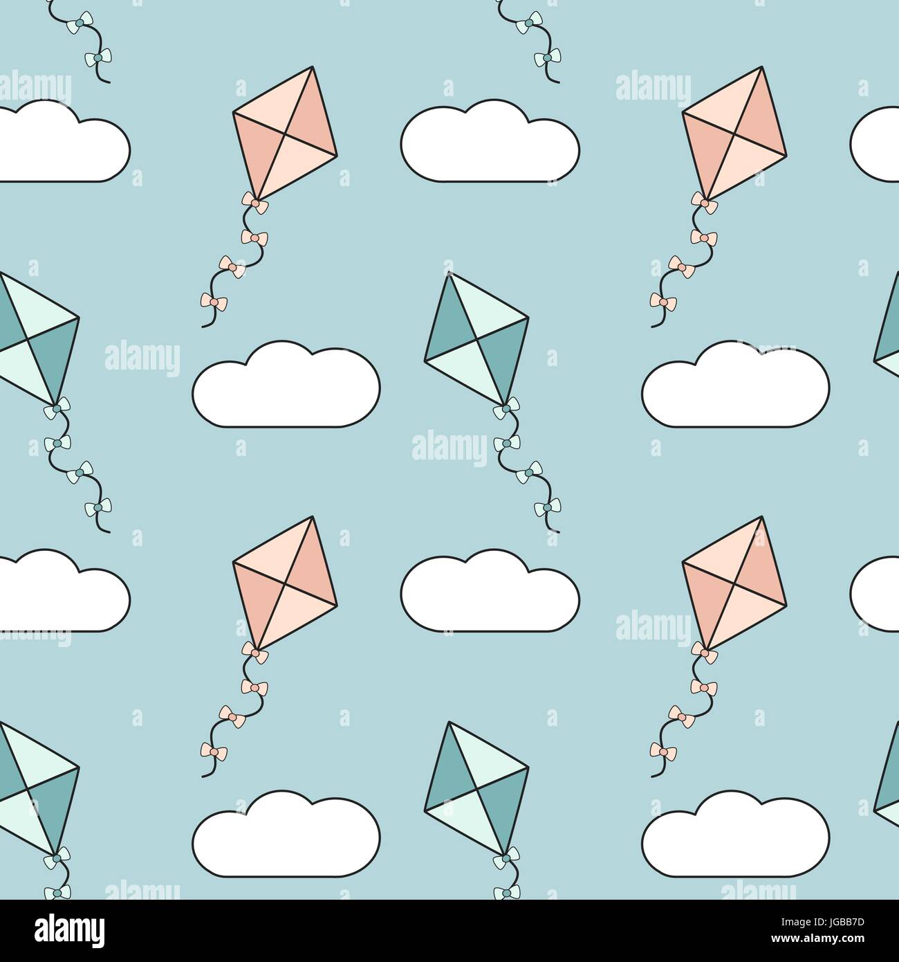 cute colorful cartoon kites in the blue sky seamless vector pattern ...