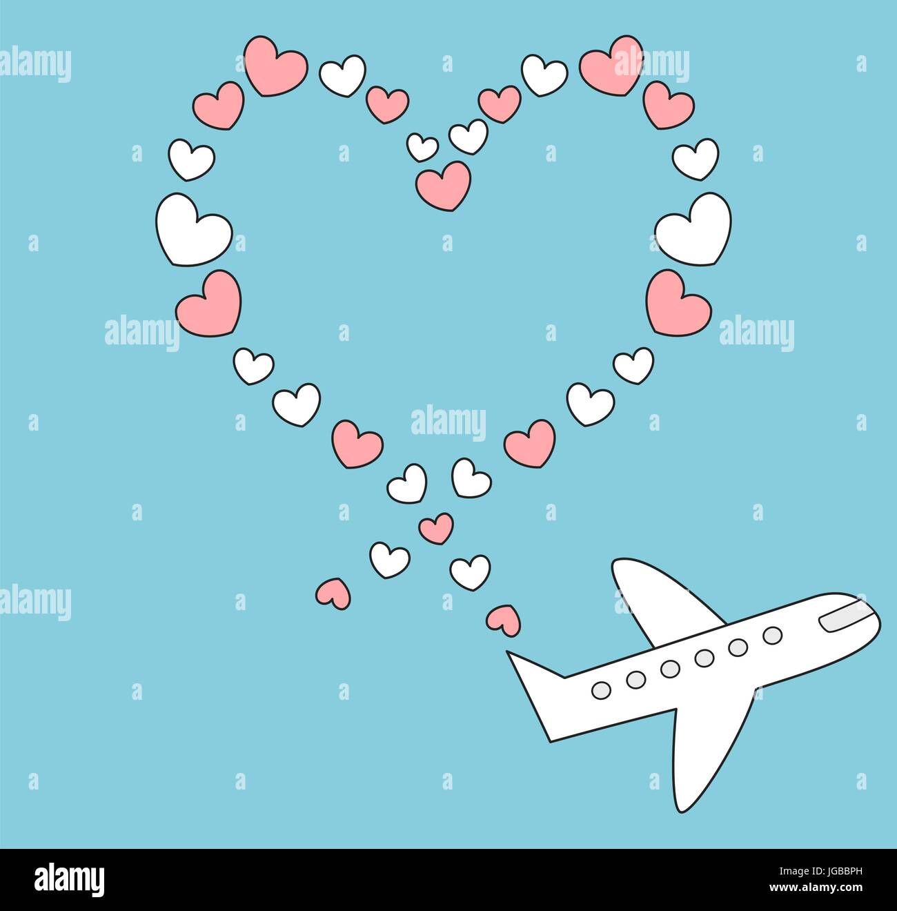 cartoon airplane flying in the blue sky and make heart shape romantic ...