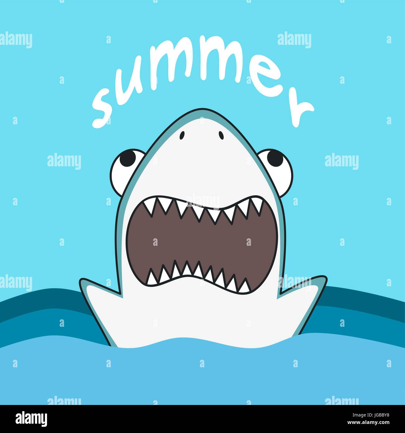 summer hand written calligraphy with cute cartoon shark vector ...