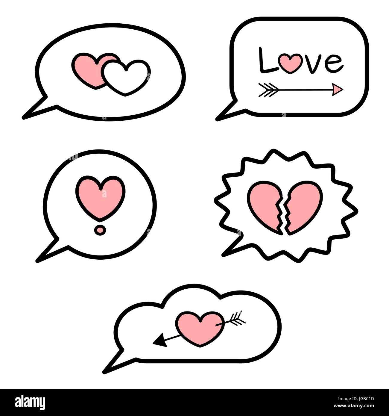black white pink speech bubbles design element vector set with hearts ...