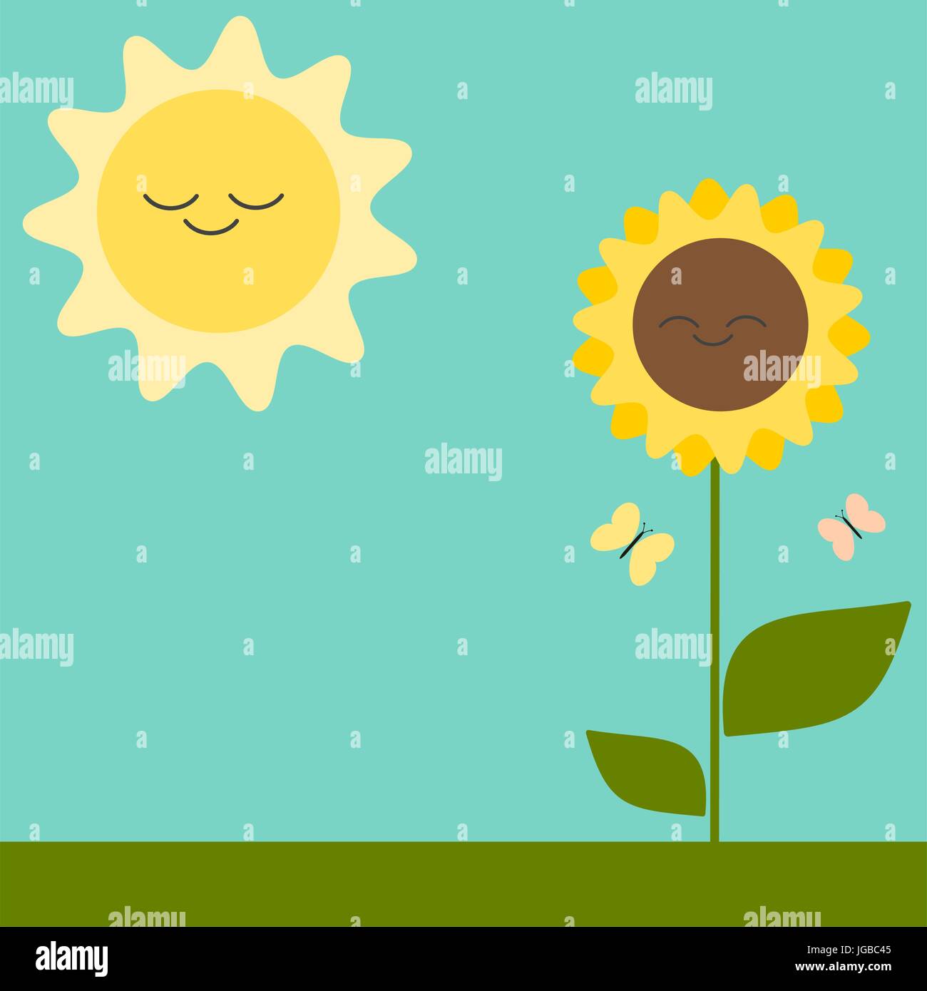 cute cartoon greeting card with sunflower and sun vector illustration ...