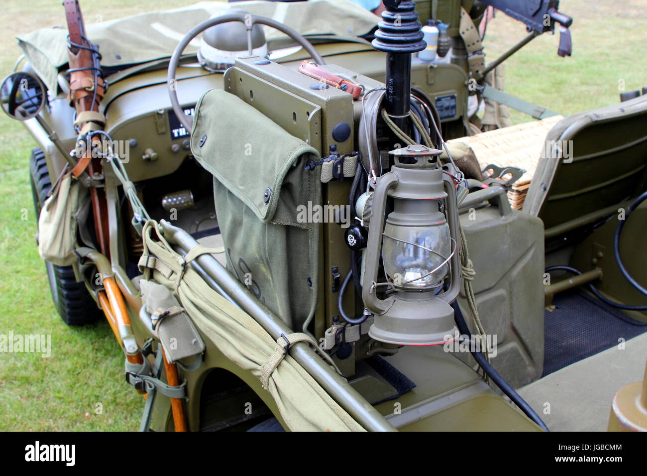 Sandhurst, UK - June 18 2017: Oil lamp and other equipment on a 1943 ...