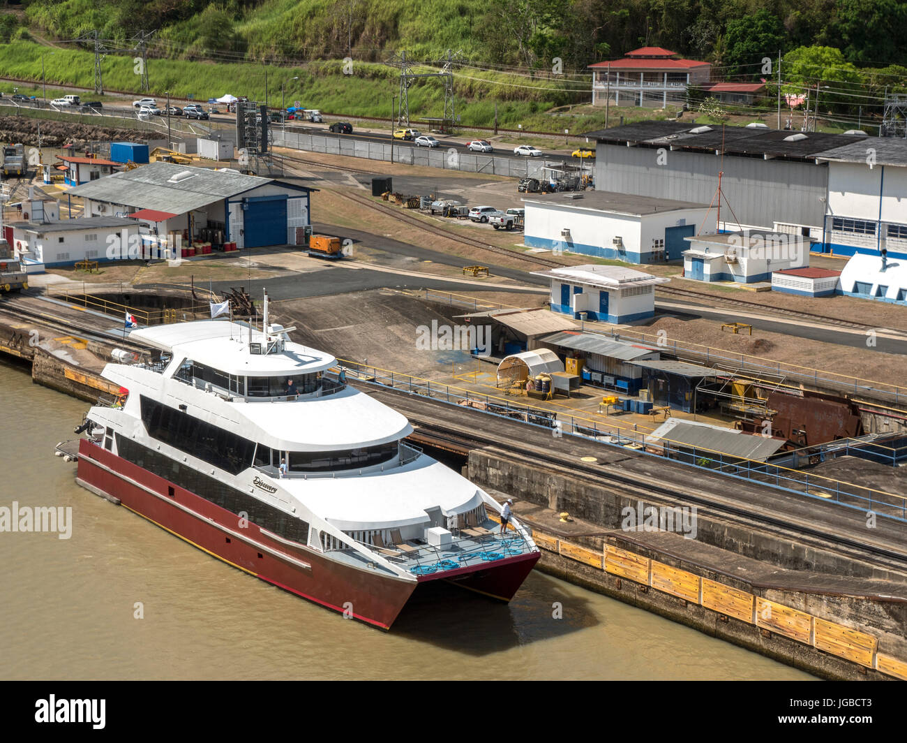 A Small Motor Boat Enters Pedro Miguel Locks Panama Canal Near Panama ...
