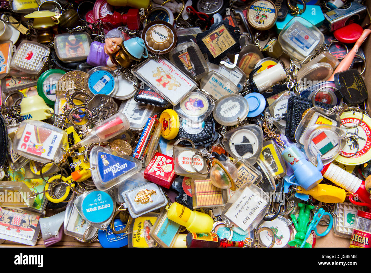 Vintage keyrings for sale at antiques market in La Vieille Bourse (Old ...
