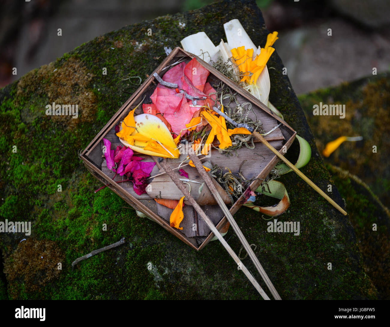 Hindu offerings and gifts to god in basket at the temple in Bali ...